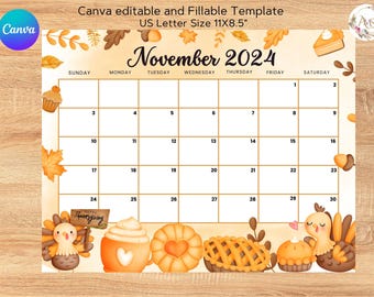 EDITABLE November 2024 Calendar, Happy Thanksgiving Beautiful Planner ...