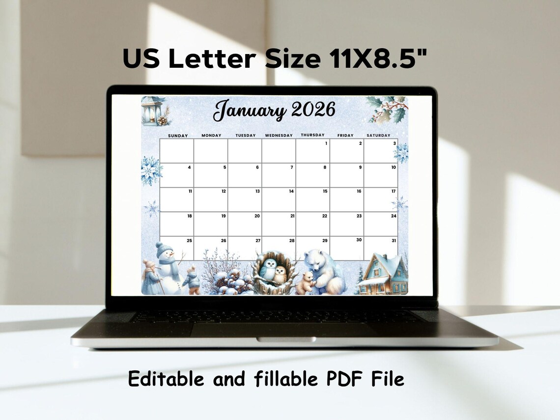 EDITABLE Fillable January 2026 Calendar, Winter Snowman Planner ...