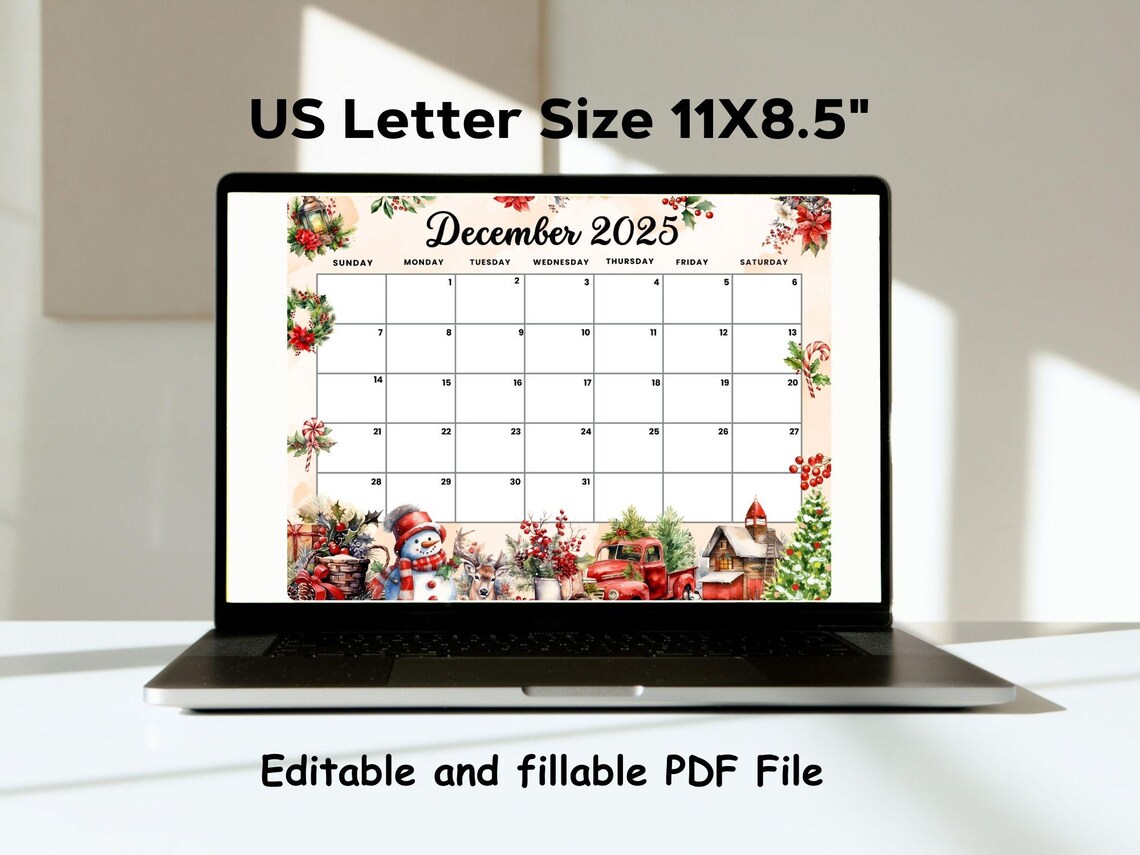 EDITABLE December 2025 Christmas Theme Calendar With Snowman, Christmas ...