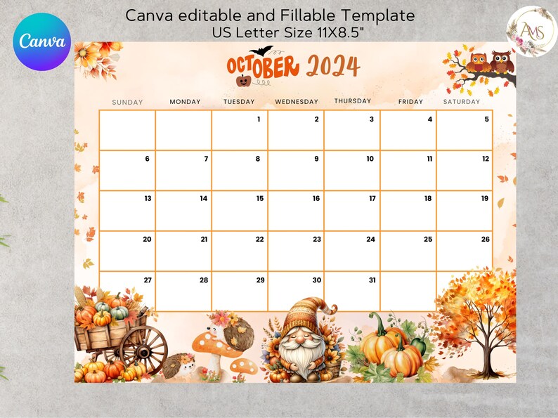 EDITABLE October 2024 Calendar, Beautiful Colorful Autumn With Cute ...