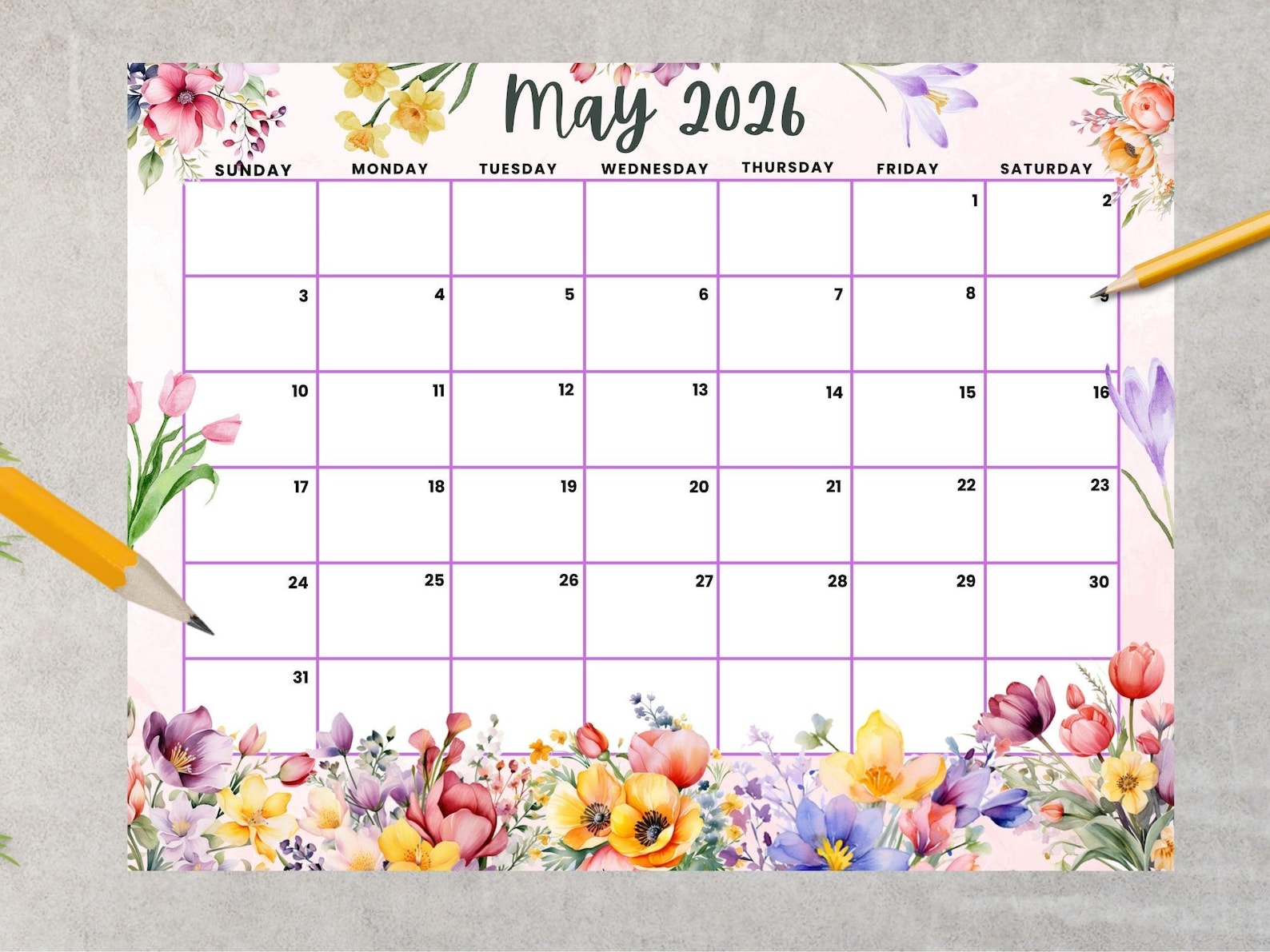 Editable May 2026 Calendar, Spring Wildflowers Planner, Printable ...