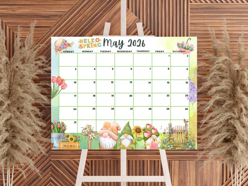 May 2026 Calendar, Spring Flowers, Cute Gnomes (printable, Editable PDF ...