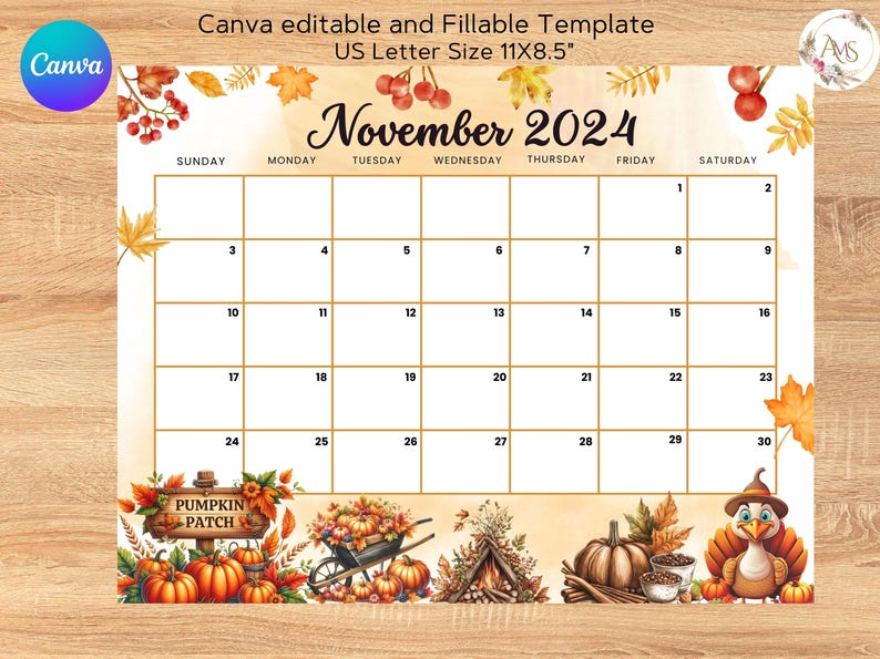 EDITABLE November 2024 Calendar, Happy Thanksgiving Planner With ...