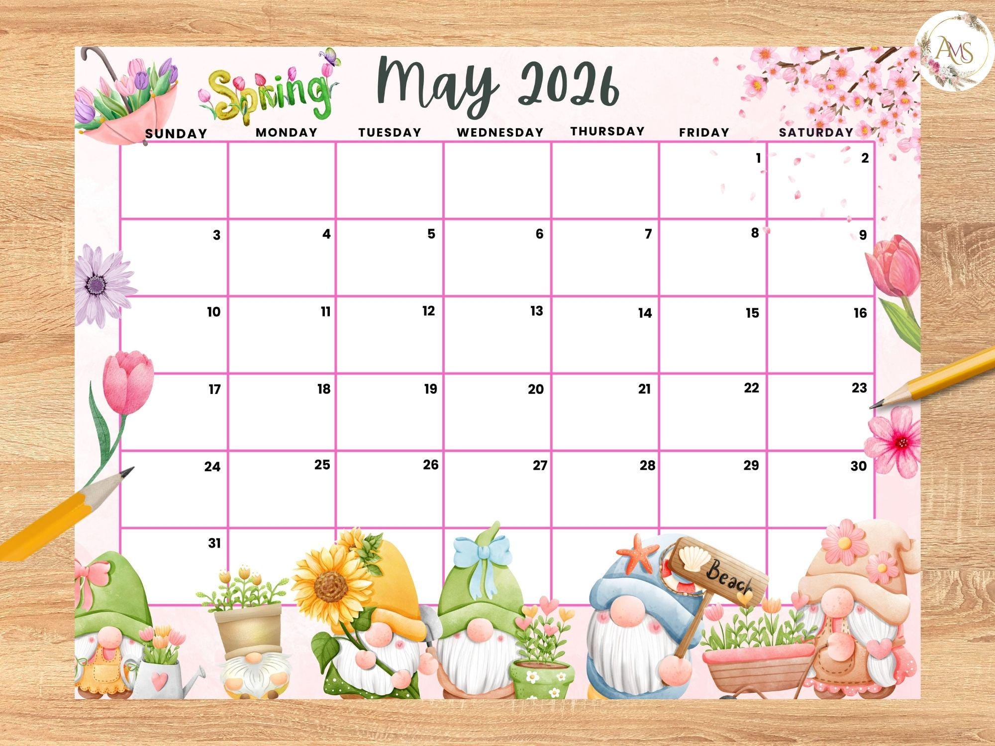 Editable May 2026 Calendar,spring Flowers With Cute Gnomes Planner ...