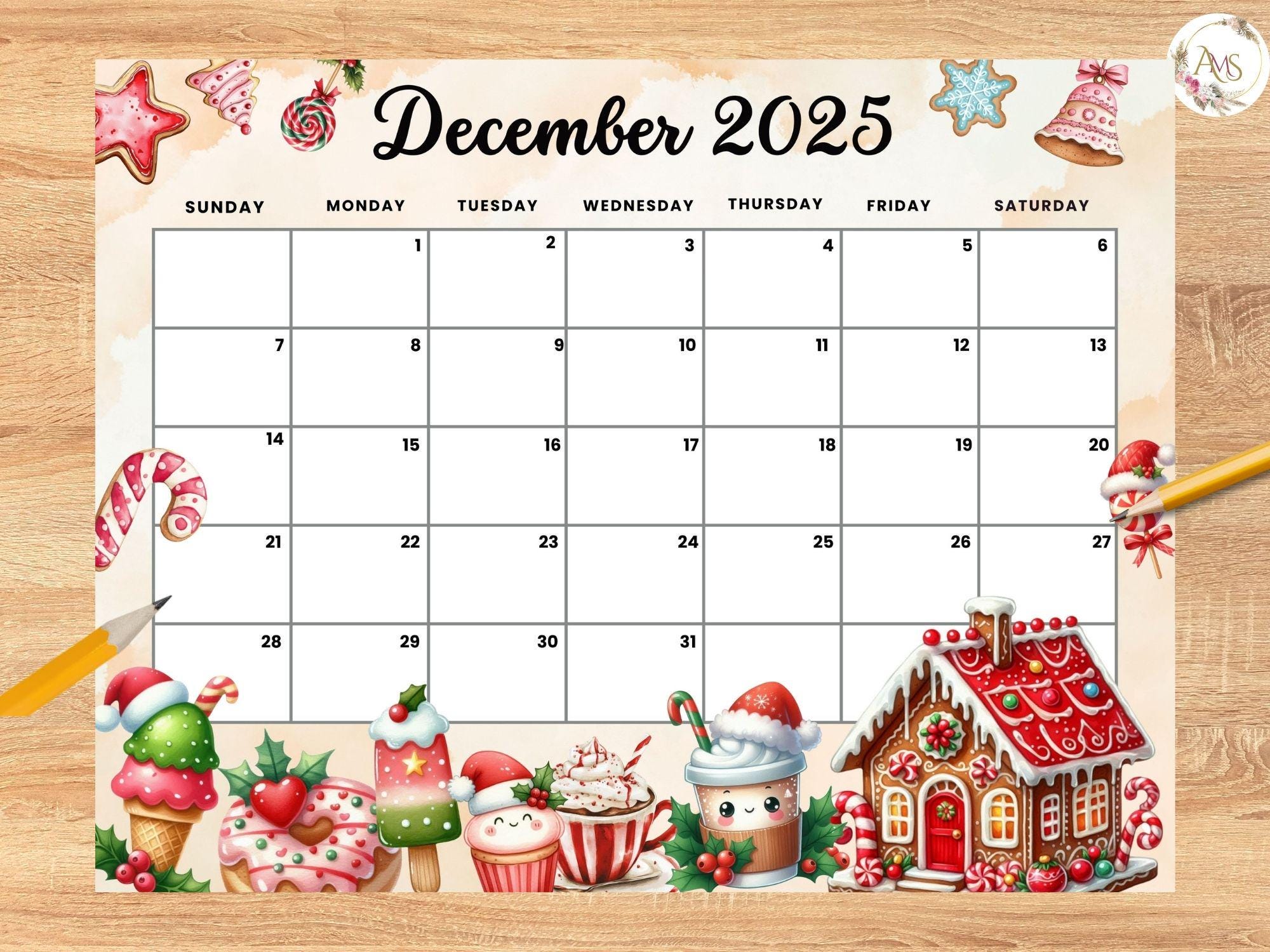 EDITABLE December 2025 Christmas Calendar With Sweets, Drink, Candy ...