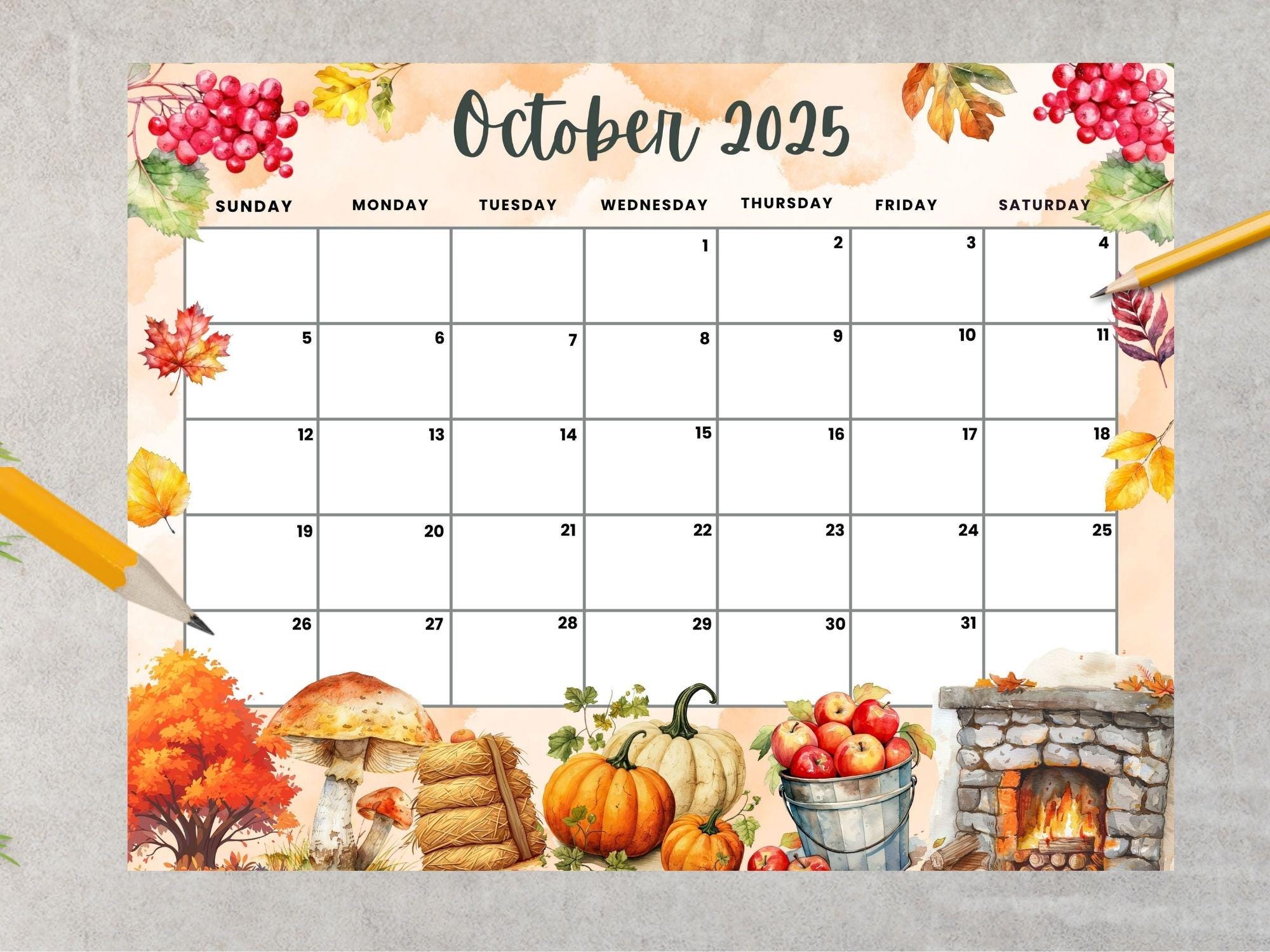 Editable October 2025 Calendar, Autumn Fall Theme Monthly Printable ...