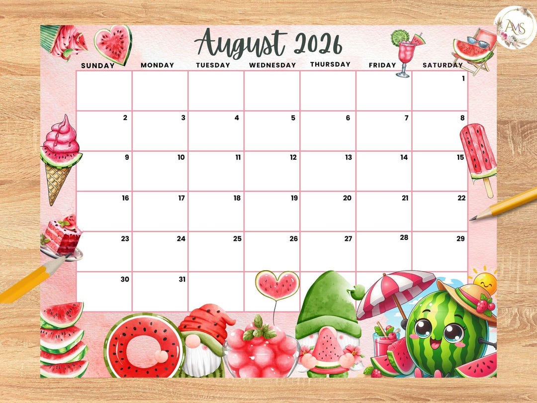 Calendario editable de agosto de 2026, adorable y refrescante ...