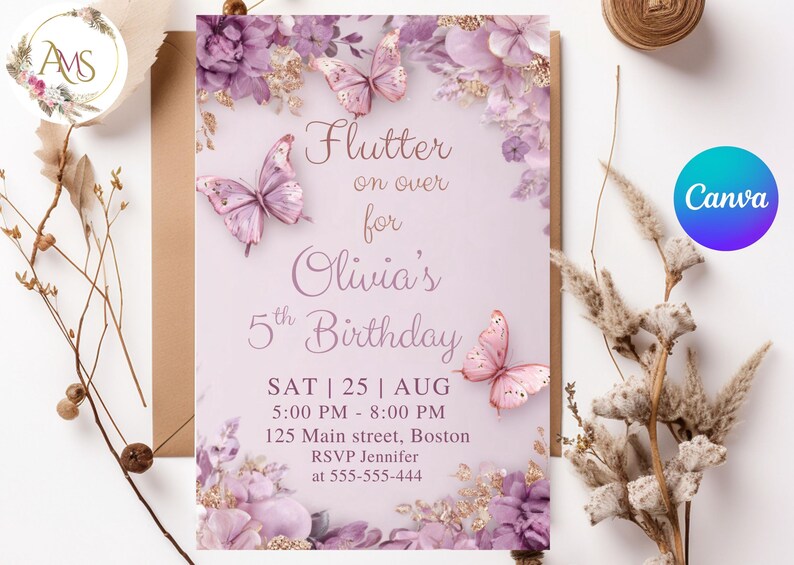 Butterfly Birthday Invite, Purple Butterfly Birthday Invite, Pastel ...