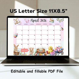 Editable April 2026 Calendar, Happy Easter With Cute Bunny, Printable ...