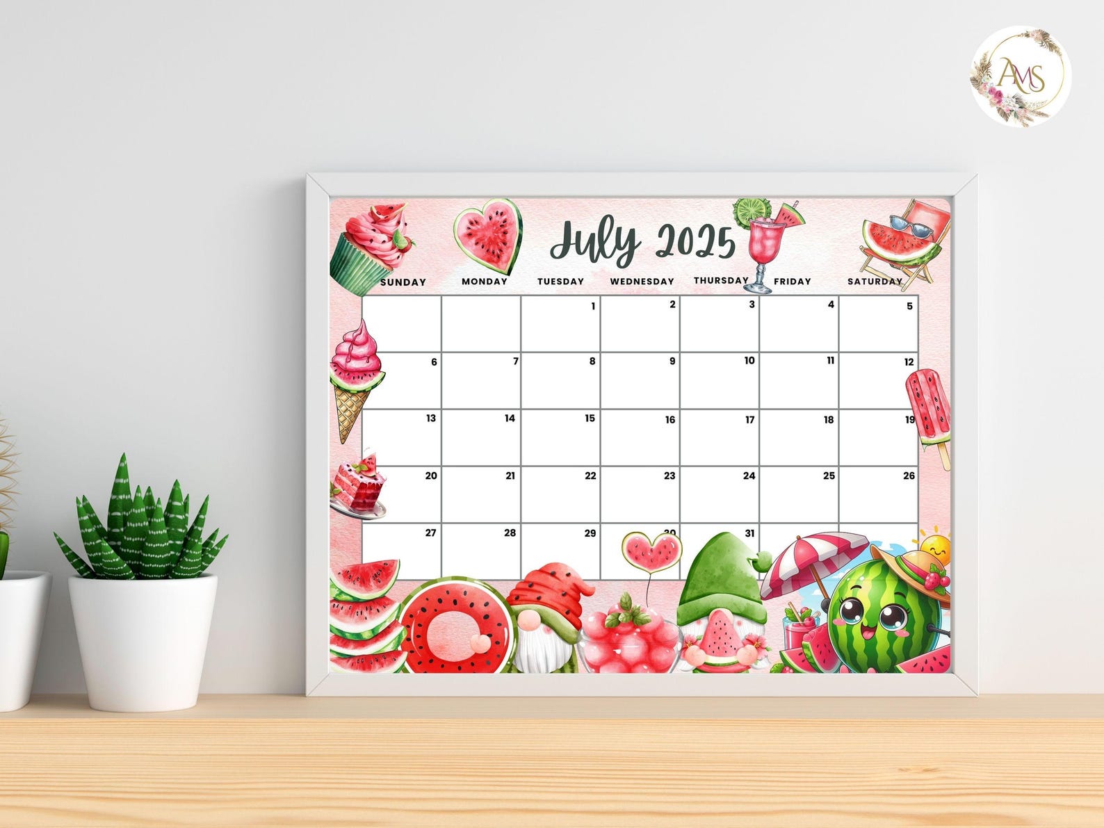 Editable July 2025 Calendar, Adorable and Refreshing Watermelon Summer ...