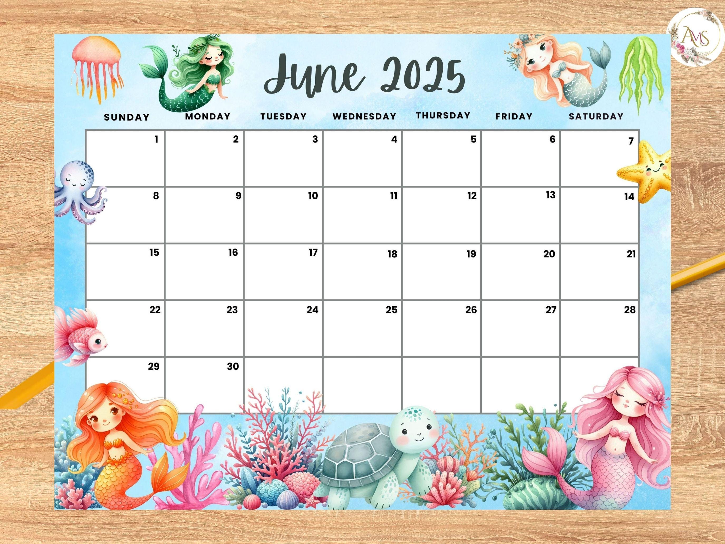 Editable June 2025 Calendar, Amazing Summer With Charming Mermaids ...