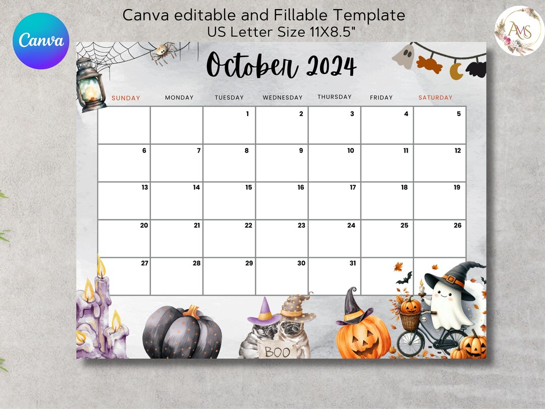 EDITABLE October 2024 Calendar, Spooky Halloween Planner, Cute Ghost ...