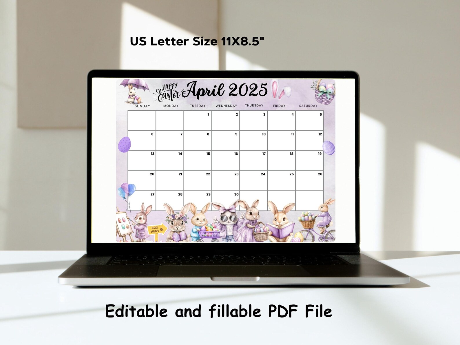 Editable April 2025 Calendar, Happy Easter With Cute Bunny, Printable ...
