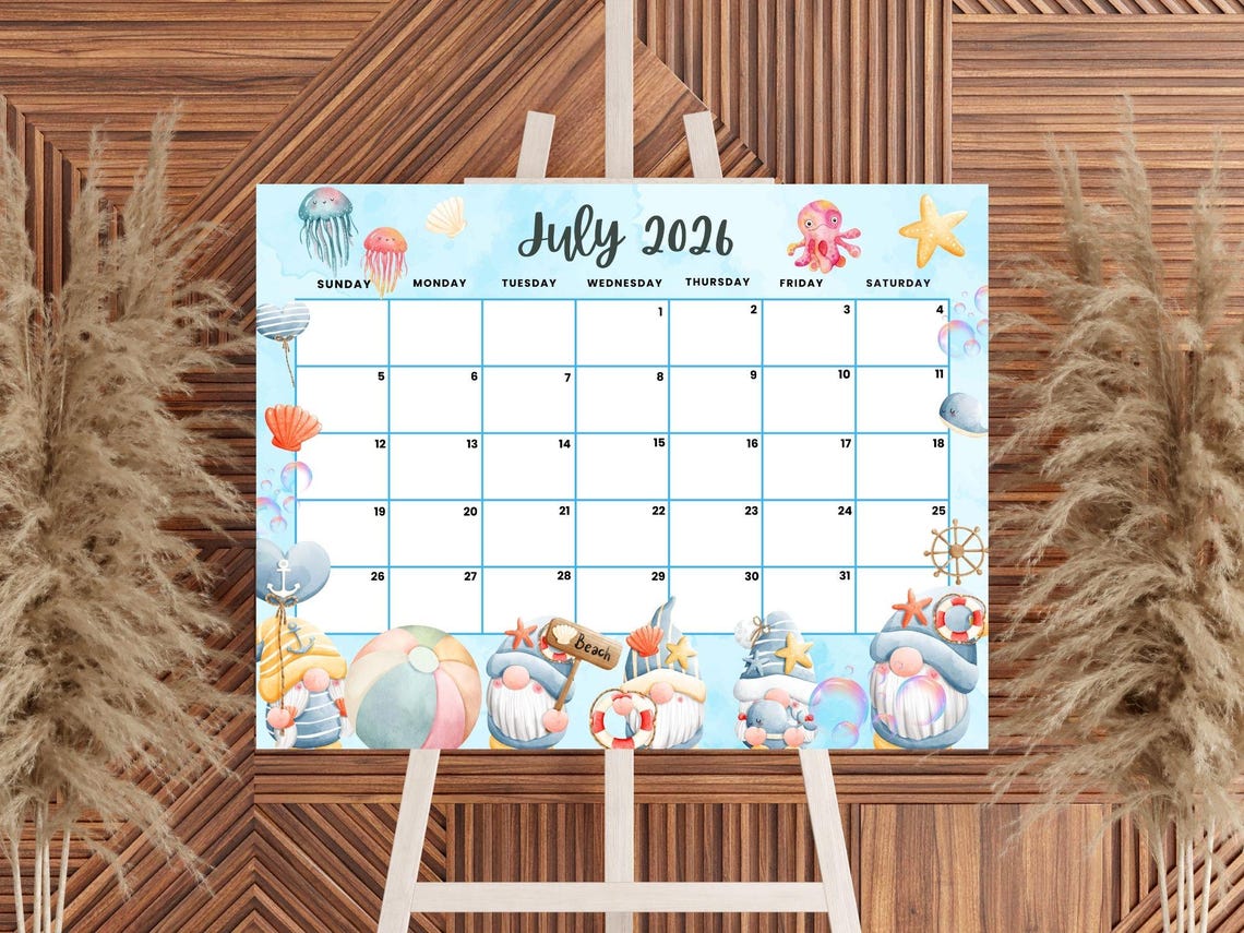 Editable July 2026 Calendar, Nautical Beach Gnome Theme Ocean Summer ...