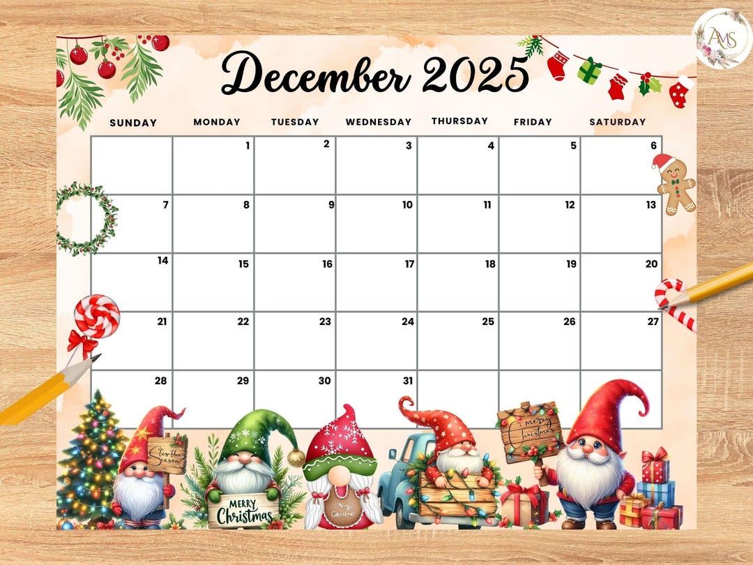 EDITABLE December 2025 Christmas Calendar With Santa Gnomes, Christmas ...