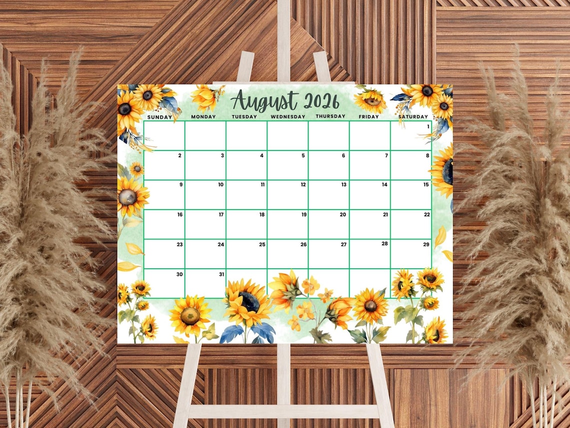 Editable August 2026 Calendar, Beautiful Sunflower Summer Planner ...