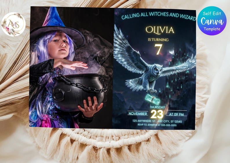 Magical Wizards Witches Photo Birthday Invitation Editable Canva ...