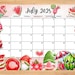 Editable July 2025 Calendar, Adorable and Refreshing Watermelon Summer ...