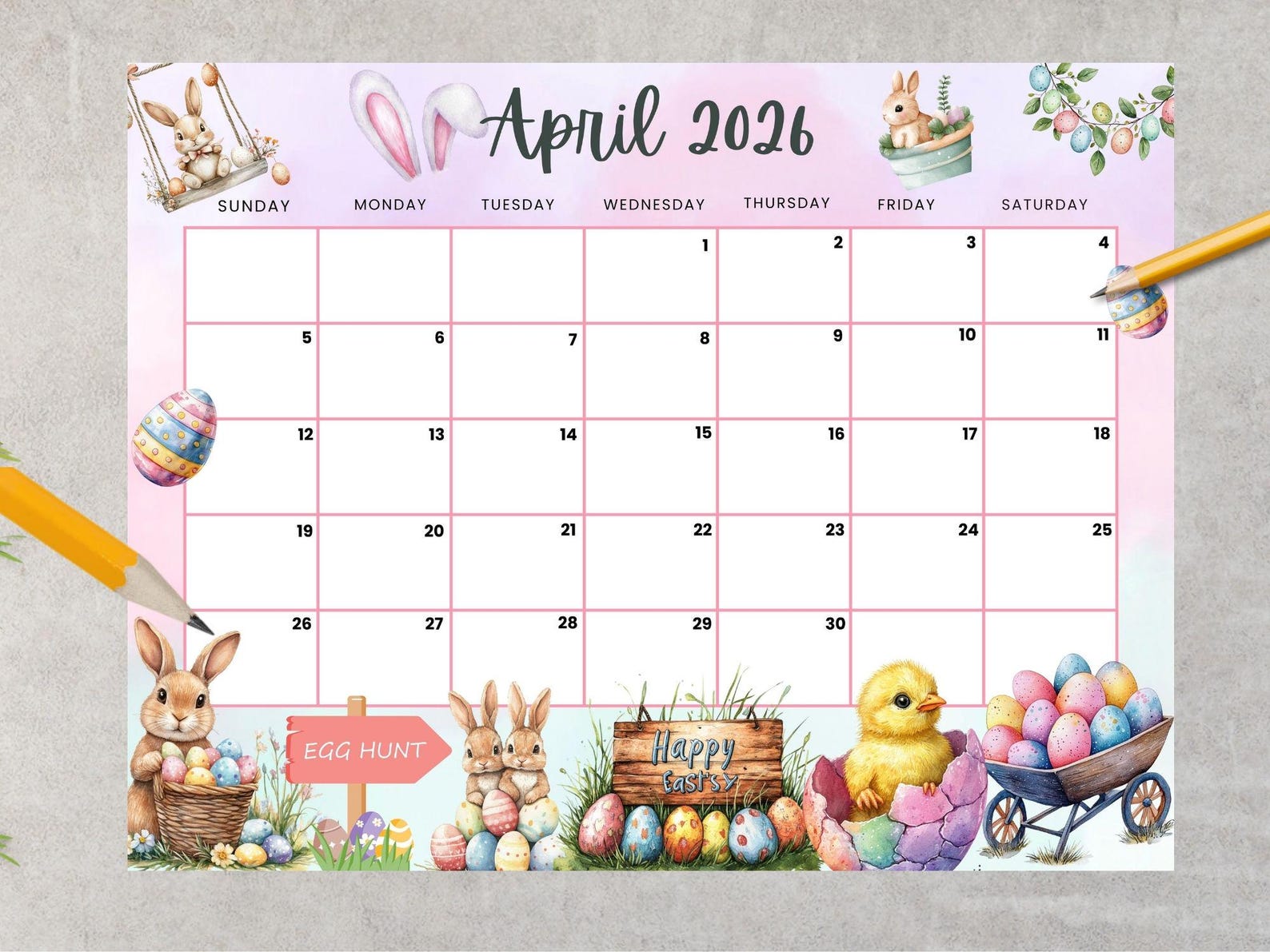 Editable April 2026 Calendar, Happy Easter With Cute Bunny, Printable ...