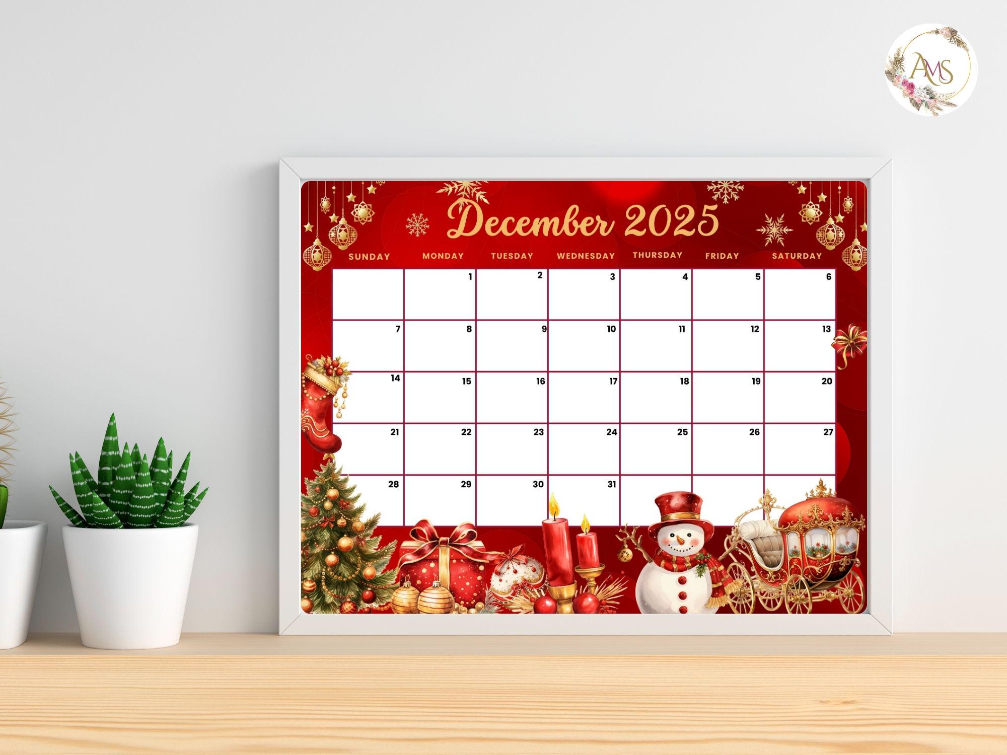 EDITABLE December 2025 Red Golden Christmas Calendar With Snowman, Tree ...