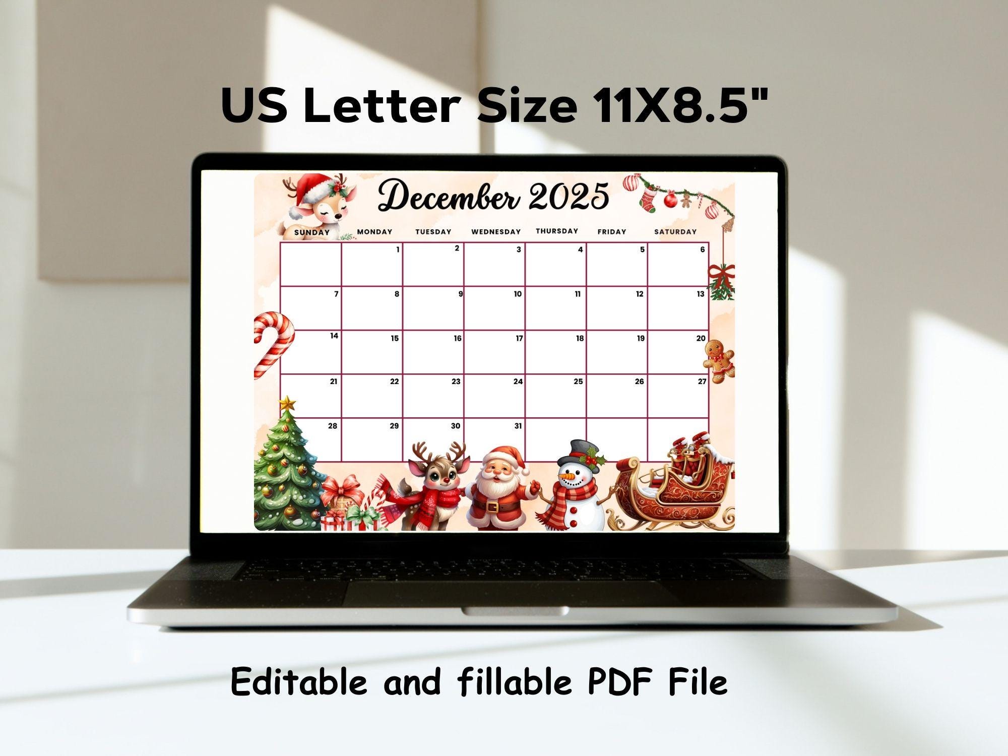 EDITABLE December 2025 Christmas Calendar With Santa, Snowman ...