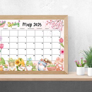Editable May 2025 Calendar,spring Flowers With Cute Gnomes Planner ...