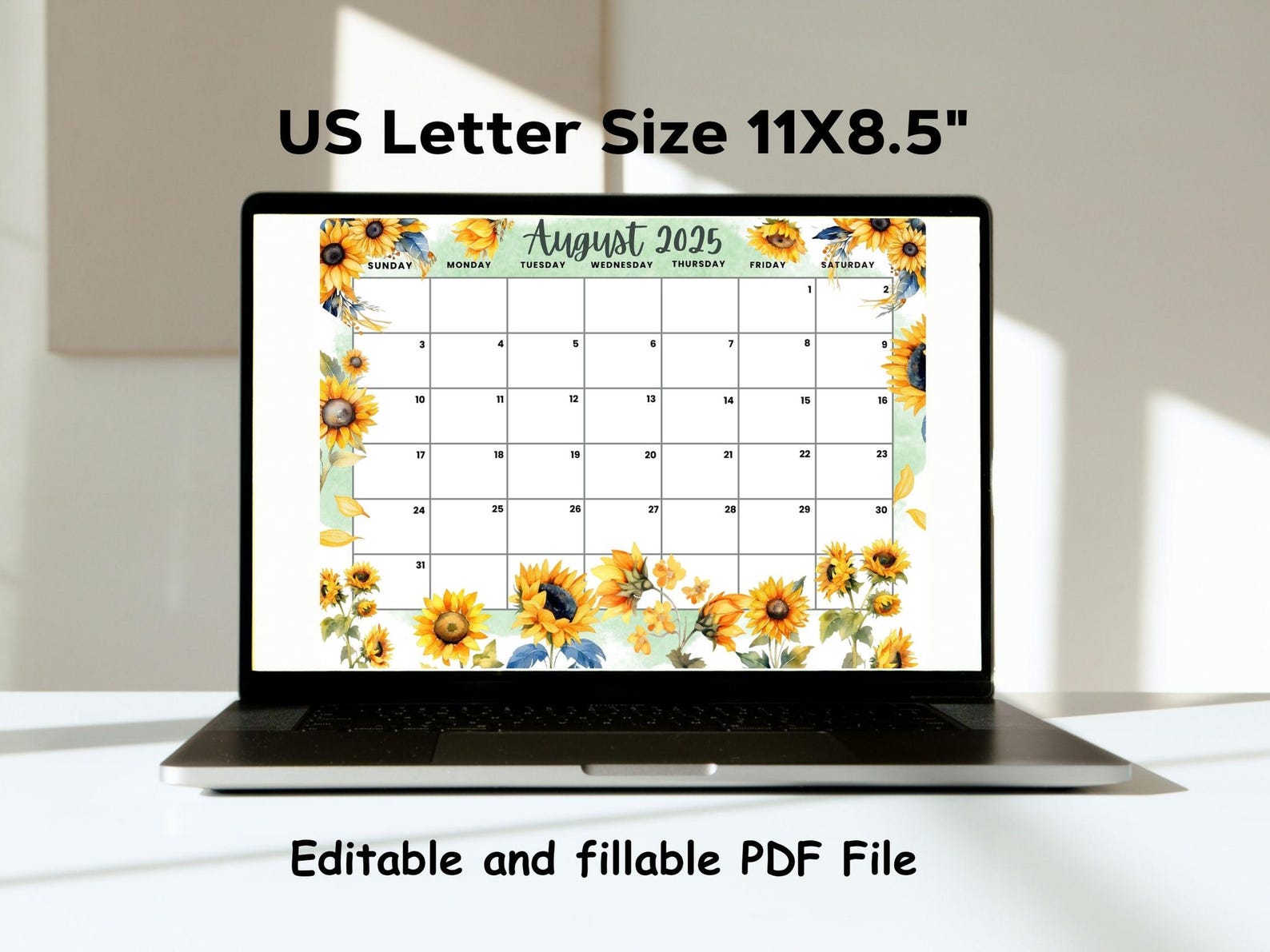 Editable August 2025 Calendar, Beautiful Sunflower Summer Planner ...
