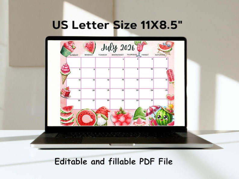 Editable July 2026 Calendar, Adorable and Refreshing Watermelon Summer ...