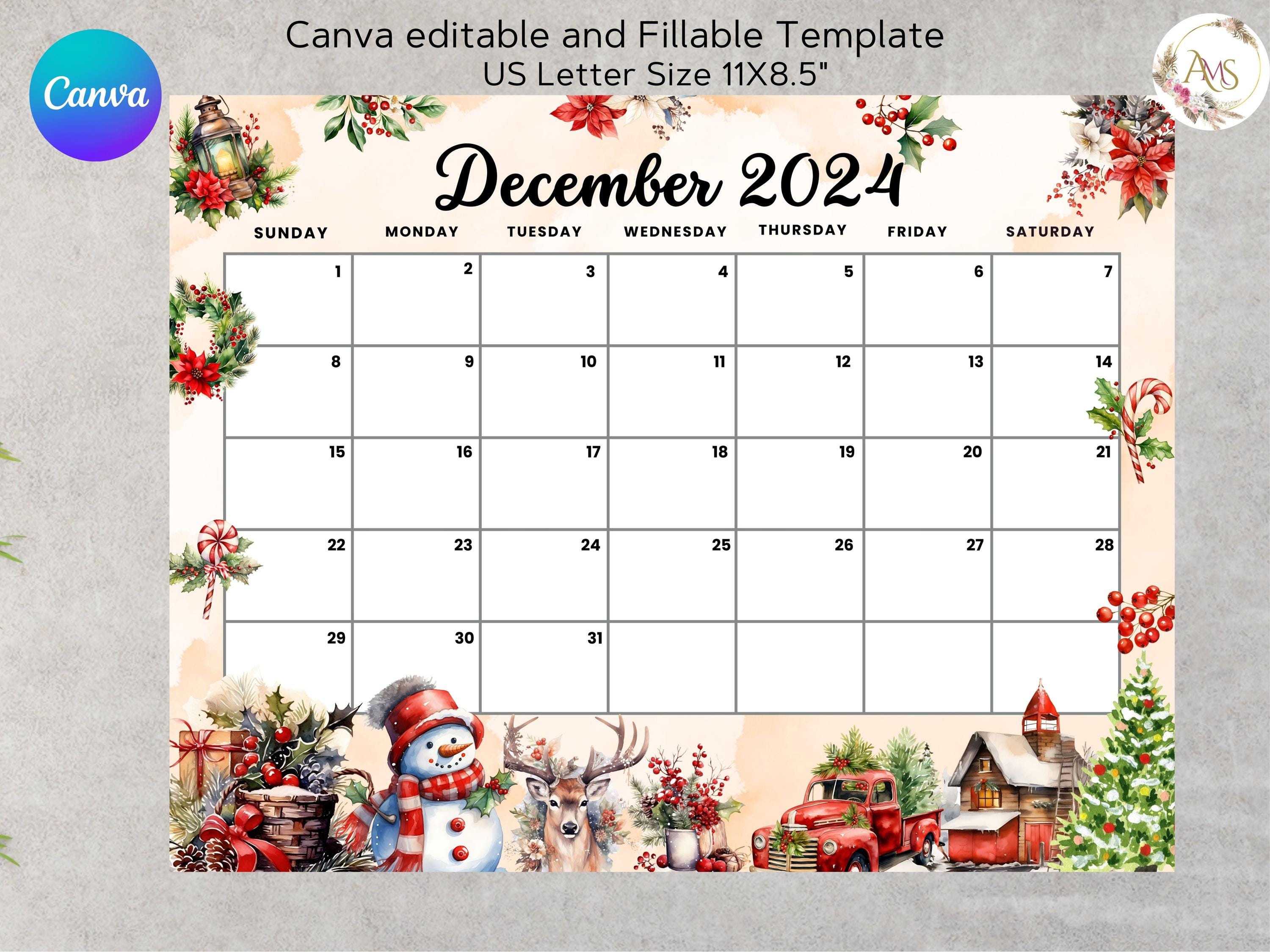 EDITABLE December 2024 Christmas Theme Calendar With Snowman, Christmas ...