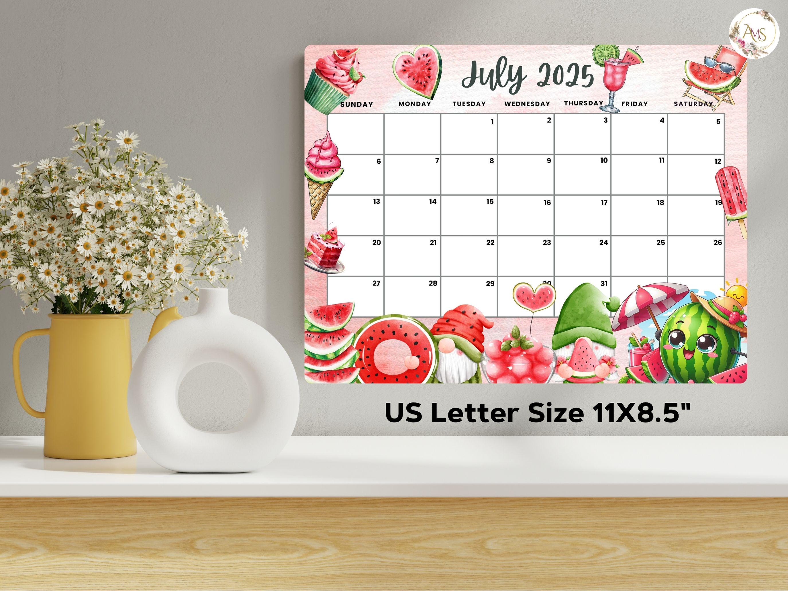 Editable July 2025 Calendar, Adorable and Refreshing Watermelon Summer ...
