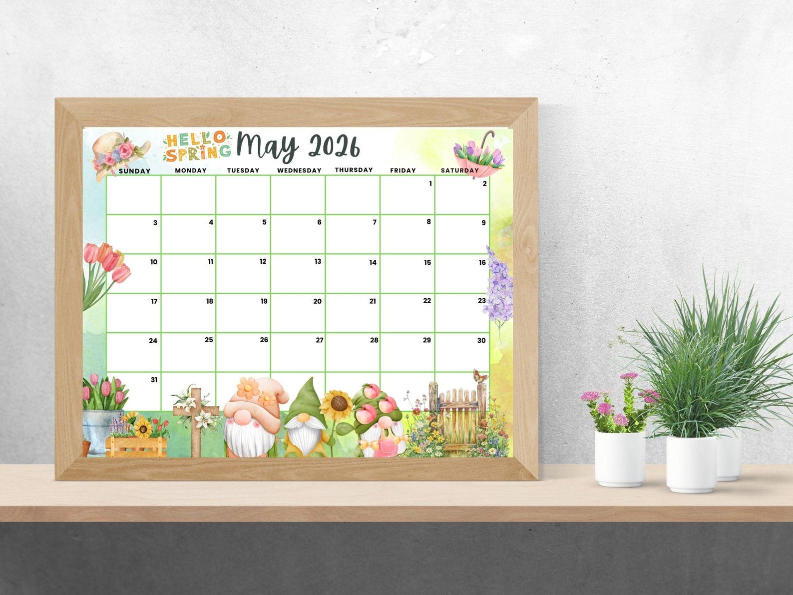 May 2026 Calendar, Spring Flowers, Cute Gnomes (printable, Editable PDF ...