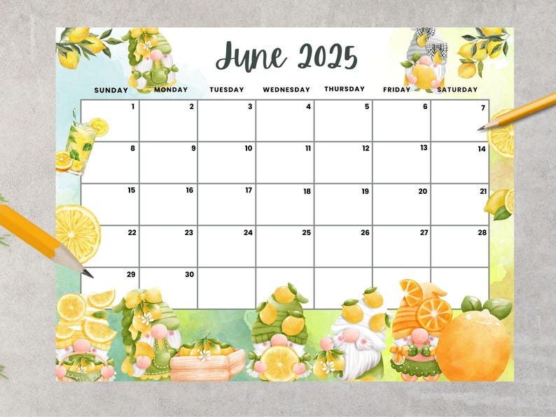 Editable June 2025 Calendar,adorable and Refreshing Lemon-themed Summer ...