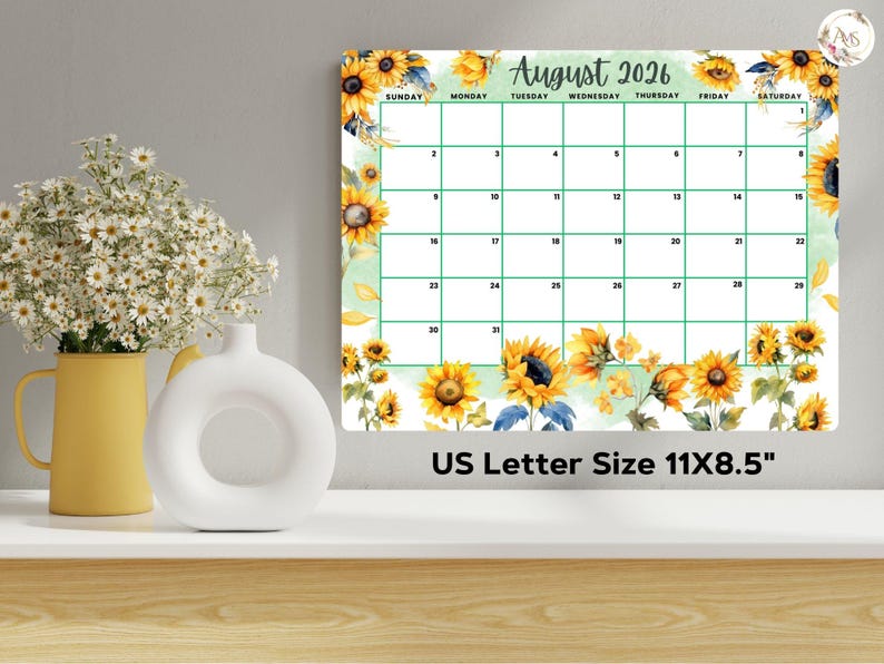 Editable August 2026 Calendar, Beautiful Sunflower Summer Planner ...