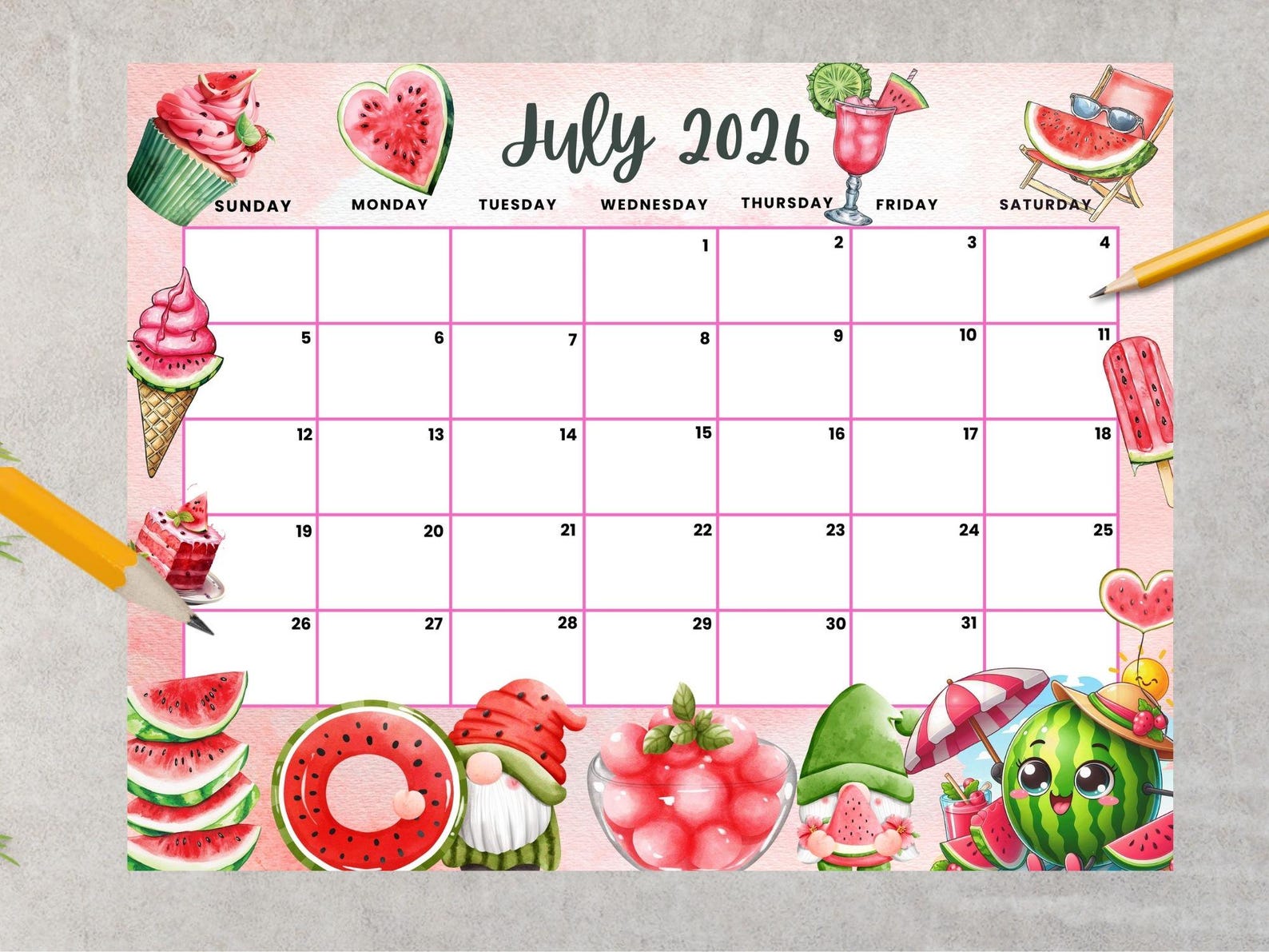 Editable July 2026 Calendar, Adorable and Refreshing Watermelon Summer ...