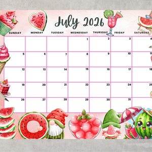 Editable July 2026 Calendar, Adorable and Refreshing Watermelon Summer ...