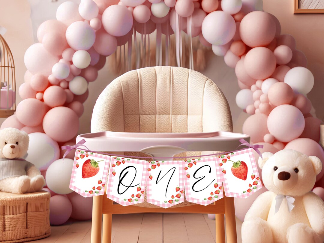 Editable Pink Gingham Berry First High Chair Banner, Strawberry ...