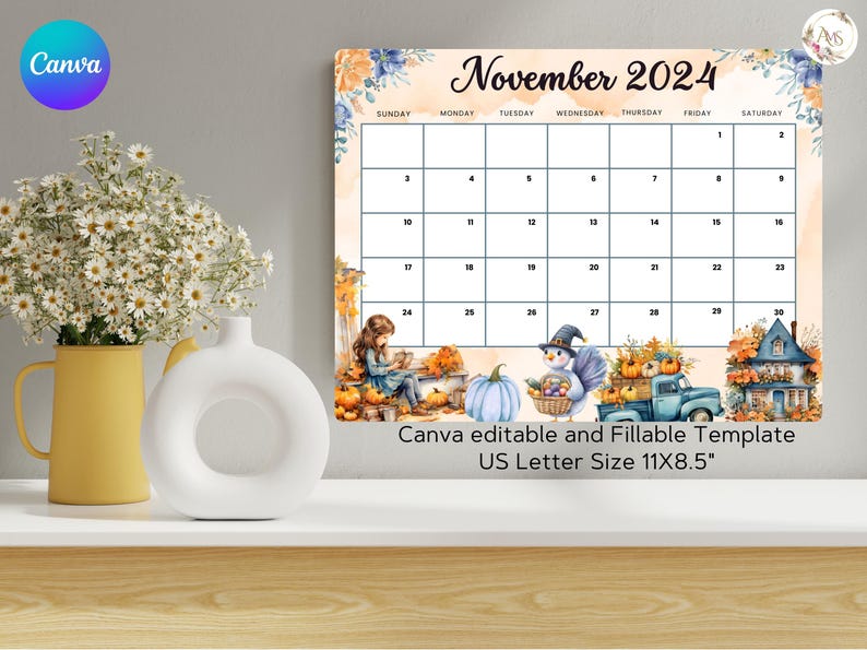 EDITABLE November 2024 Calendar, Happy Thanksgiving Beautiful Planner ...