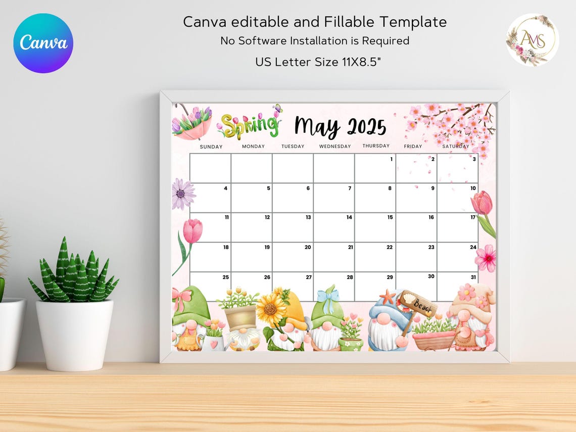 Editable May 2025 Calendar,spring Flowers With Cute Gnomes Planner ...