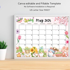 Editable May 2025 Calendar,spring Flowers With Cute Gnomes Planner ...
