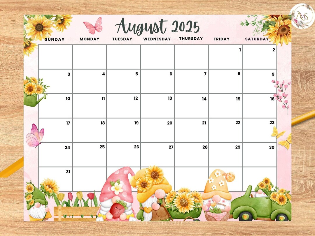 Editable August 2025 Calendar, Sunflower With Cute Gnome August Planner ...