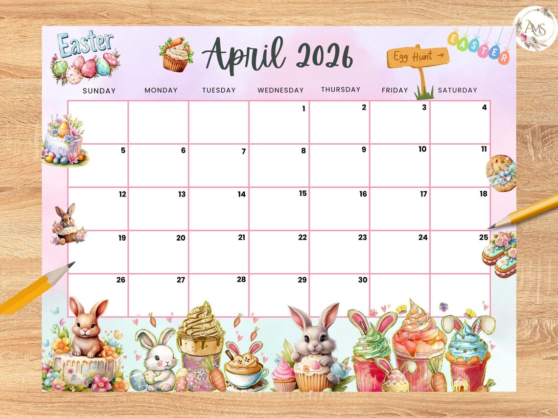Editable April 2026 Easter Bunny Calendar, Printable Planner (PDF & JPG ...