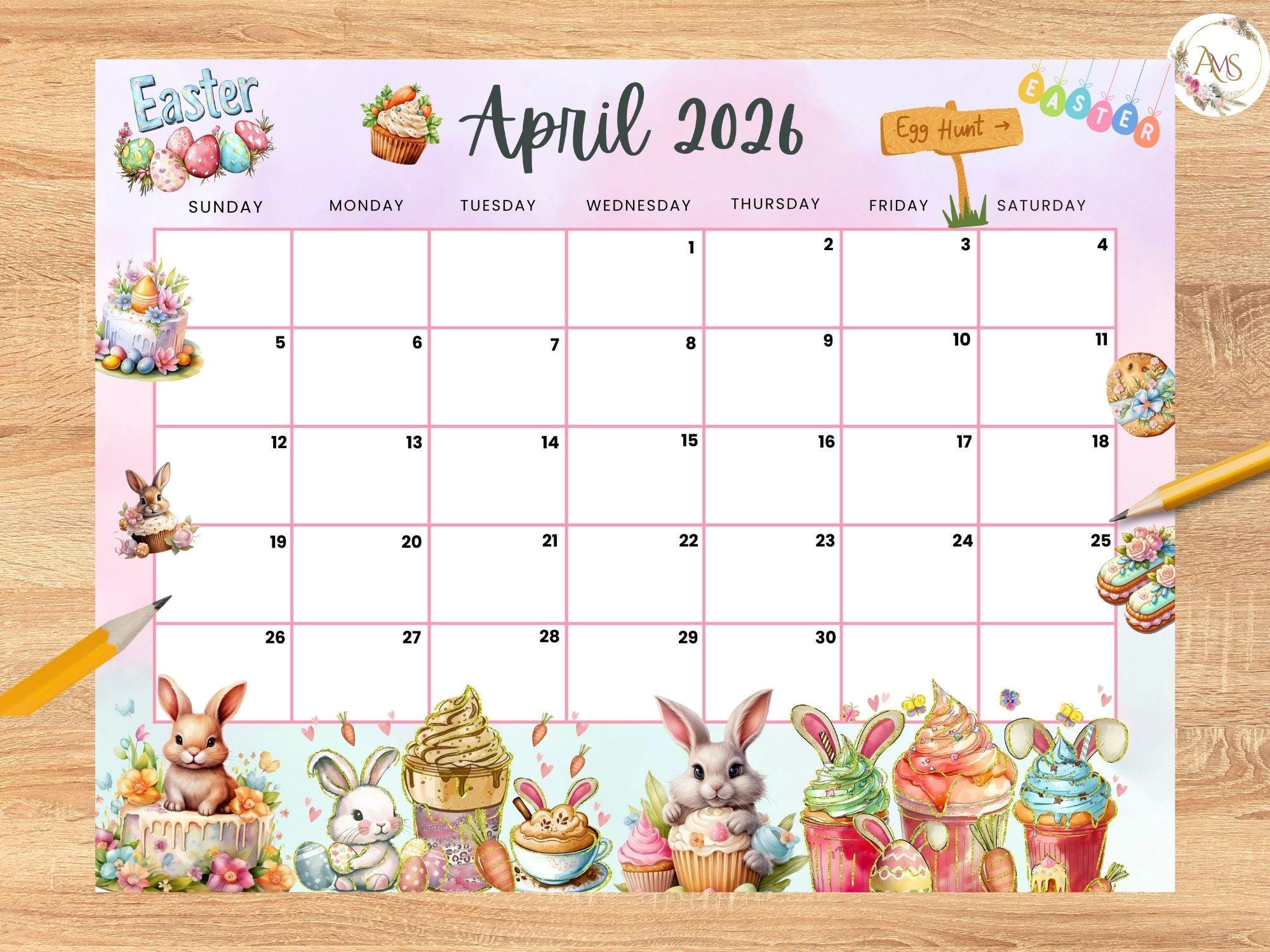 Editable April 2026 Easter Bunny Calendar, Printable Planner (PDF & JPG ...