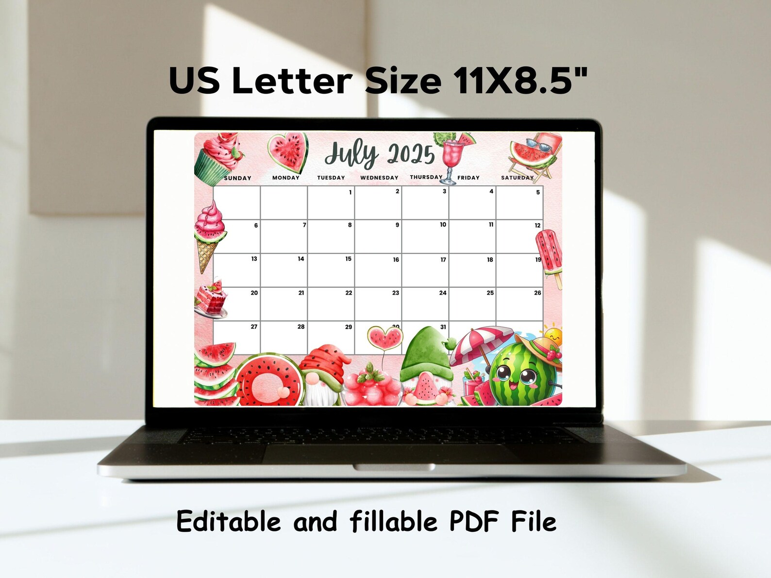 Editable July 2025 Calendar, Adorable and Refreshing Watermelon Summer ...