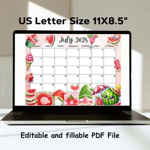 Editable July 2025 Calendar, Adorable and Refreshing Watermelon Summer ...