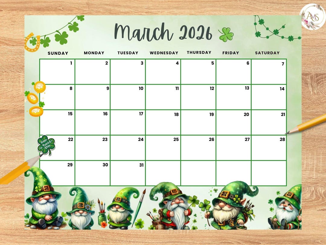 March 2026 Calendar, St. Patrick's Day Gnome Planner,printable Monthly ...