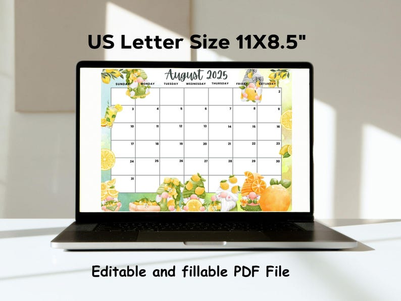 Editable August 2025 Calendar,adorable Refreshing Lemon-themed Summer ...