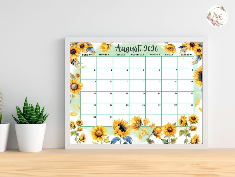 Editable August 2026 Calendar, Beautiful Sunflower Summer Planner ...