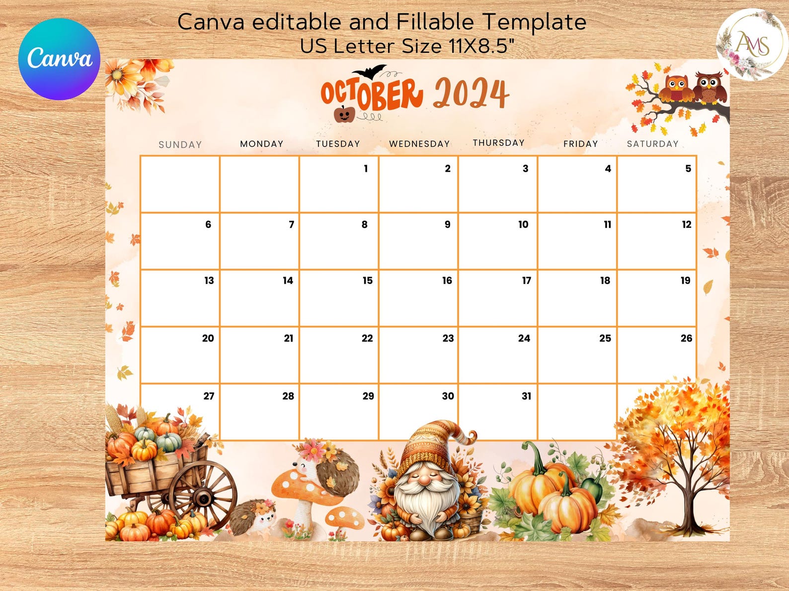 EDITABLE October 2024 Calendar, Beautiful Colorful Autumn With Cute ...