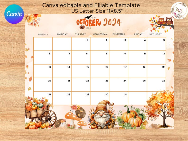 EDITABLE October 2024 Calendar, Beautiful Colorful Autumn With Cute ...
