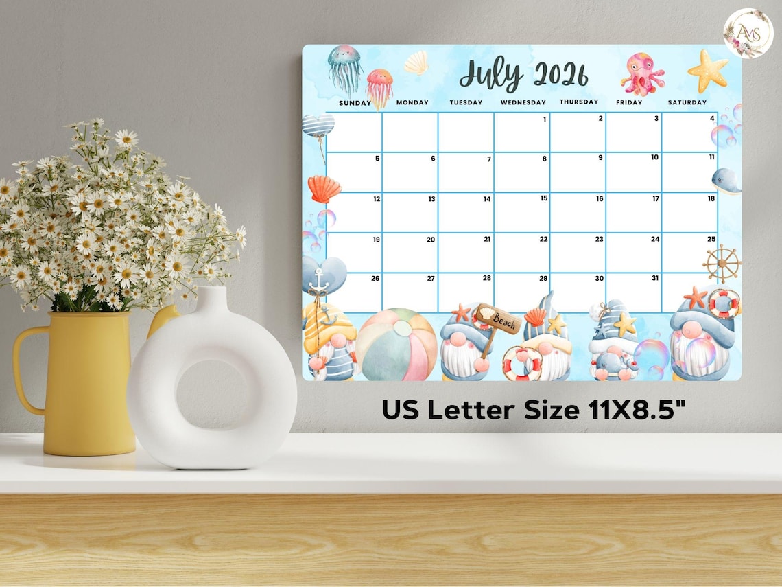 Editable July 2026 Calendar, Nautical Beach Gnome Theme Ocean Summer ...